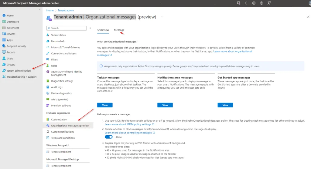 Organizational messages send with Intune - Just about the Modern Workplace